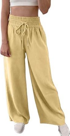 Generic Pantalon en coton et lin pour femme - Jambe large - Pantalon de plage d&eacute;t&eacute; pour femme - Confortable - Pantalon de yoga Palazzo XIYU26039, kaki, XXL