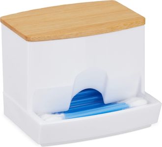 Relaxdays Wattestäbchen Aufbewahrung, Acryl, Bambus, Kosmetik Box mit Deckel, kleiner Ohrstäbchen Spender, weiß/natur