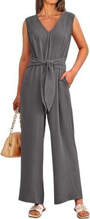 Minetom Femmes Combinaison Élégant Col V Sans Manches Casual Cocktail Soirée Jumpsuit Playsuit Romper Chic Pantalon à Jambes Larges C Gris M