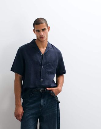 Arket Chemise d&eacute;contract&eacute;e en pur lin &agrave; manches courtes - Bleu marine