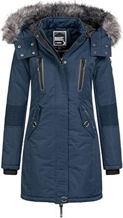 Geographical Norway CORALY Lady - Grande Parka pour Femme - Manteau Hiver Chaud - Blouson Manches Longues - Col en Fausse Fourrure Elegant - Manteaux Mode Casual (Marine 