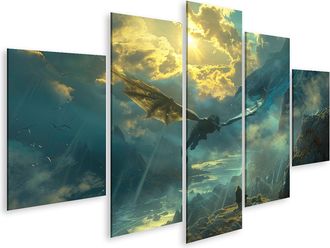 Islandburner Prime Bild auf Leinwand Drache Fliegt &Uuml;ber Nebliges Gebirge - Leinwand 170x80cm - 5 Teile