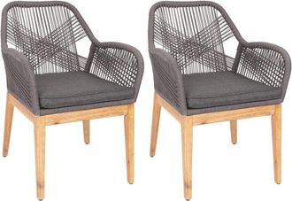 Hhg 2er-Set Gartenstuhl HHG 678b, Sessel Outdoor Stuhl, wetterfest Seilgeflecht Holz Akazie grau Kissen anthrazit