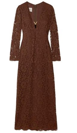Valentino Garavani Valentino Brown V-Logo Lace Midi Dress Size S