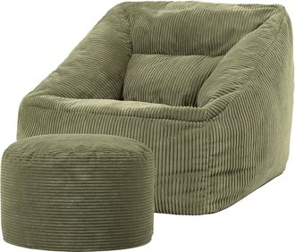 Icon Brand Natalia Sitzsack Sessel mit Hocker für Erwachsene, Salbeigrün, Flauschiger Cord Stoff, Riesen Sitzsack Cord mit Füllung, Bean Bag Chair, Bequemer Sess