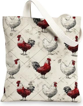 Generic Sacs fourre-tout rustiques en toile avec motif de poulet, sacs dépicerie réutilisables, légers et lavables avec bandoulière, Rouge, 13x15 Inch