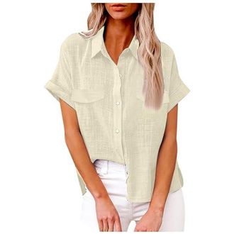 Generic Chemise en lin pour femme boutonn&eacute;e d&eacute;contract&eacute;e col en V manches courtes chemises amples surdimensionn&eacute;es en coton m&eacute;lang&eacute; haut tendance chemisier, b