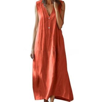 Generic Robe d&eacute;t&eacute; d&eacute;contract&eacute;e sans manches avec col en V pour femme, robe d&eacute;t&eacute; l&eacute;g&egrave;re et respirante, robe d&eacute;t&eacute; &eacute;l&eacute;gante pour la plage, les vacances, Orange, 