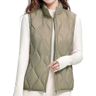 Generic Gilet matelass&eacute; l&eacute;ger sans manches avec fermeture &eacute;clair et col montant pour femme, couleur unie, kaki, 4XL