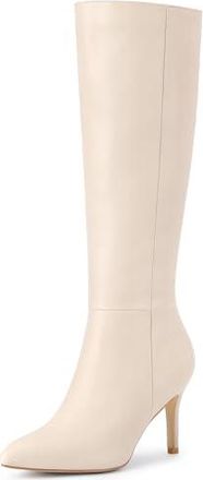 Allegra K Bottes hautes à bout pointu avec fermeture éclair latérale et talon aiguille pour femme, crème, 39 EU