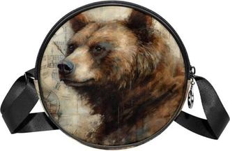 Generic Sac &agrave; bandouli&egrave;re rond pour femme, motif ours vintage, petit sac &agrave; bandouli&egrave;re avec fermeture &eacute;clair, bretelles r&eacute;glables, sac &agrave; main rond d&eacute;contract&eacute;