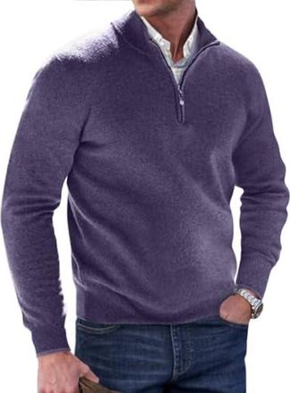 Minetom Pullover Homme Pull &Agrave; Col Roul&eacute; avec Fermeture Eclair Manches Longues 1/4 Zip Col Montant Pullover en Tricot&eacute; dhiver Sweater A Violet L