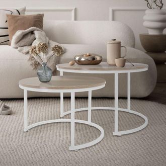 ML Design Ml-Design - Set de 2 tables dappoint rondes &Oslash; 59/74 cm - MDF ch&ecirc;ne sonoma et m&eacute;tal blanc - Tables gigognes empilables - D&eacute;coration moderne