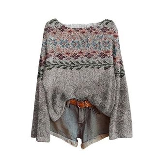 Generic Pull pour femme - Imprim&eacute; artistique - Col rond - Pull tricot&eacute; &agrave; manches longues - Coupe ample - L&eacute;ger - Doux - Extensible - Confortable - Chemisier d