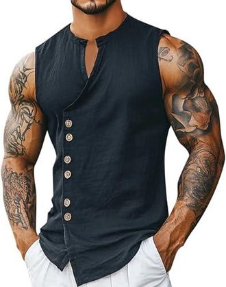 Generic DENGJIAMY D&eacute;bardeur en lin pour homme - T-shirt d&eacute;t&eacute; tendance - V&ecirc;tements de plage d&eacute;contract&eacute;s - Chemise de vacances pour homme - Boutons lat&eacute;raux - 