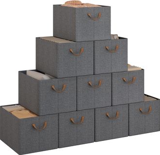 Woltu Faltbare Aufbewahrungsboxen 10 Stück, Stoff-Aufbewahrungswürfel mit Griffen, Organizer Boxen für Regale, Stapelboxen zur Aufbewahrung, Grau, 47x35x30c