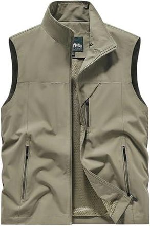Generic Gilet dext&eacute;rieur l&eacute;ger pour homme, col montant | Gilet de travail respirant sans manches avec fermeture &eacute;clair int&eacute;grale | pour le camping, kaki, M