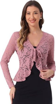 Allegra K Cardigan à Nouer sur Le Devant pour Femmes avec Ourlet à Volants en Dentelle Florale Rose Foncé M