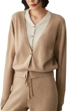 Generic Pull 100 % cachemire pour femme avec col en V et tricot en cachemire doux et chaud, Camel, M