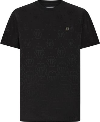 Philipp Plein Homme, Tops, Noir, Taille: 3XL T-Shirt Col Rond Jacquard Tennis Monogramme