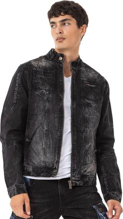 Cipo & Baxx Herren Jeansjacke CJ299 Schwarz - Stylische Denim Jacke im Biker Design mit Stehkragen, Rei&szlig;verschluss & Used-Waschung - &Uuml;bergangsjacke f&uuml;r Alltag & F