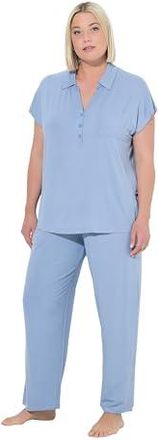 Ulla Popken Femme Grandes Tailles Pyjama Oversize Deux pi&egrave;ces, Pantalon + T-Shirt col Chemise et Manches Courtes Bleu Givre 50+ 827072714-50+