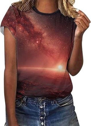 Generic T-shirt &agrave; manches courtes pour femme avec imprim&eacute; galaxie Core et col rond | T-shirt d&eacute;t&eacute; doux et l&eacute;ger pour le quotidien, les voyages, les vacances, 