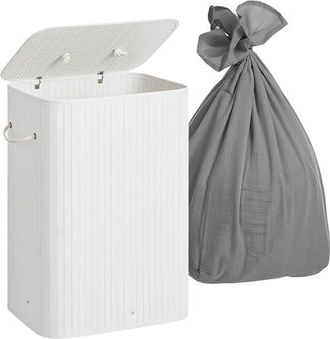 Relaxdays W&auml;schekorb mit Deckel, 2 F&auml;cher, Bambus, 105 l, faltbar, HxBxT: 63 x 52 x 32 cm, W&auml;sche Sortiersystem, wei&szlig;