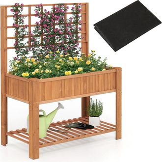 Costway Costway - Jardini&egrave;re Sur&eacute;lev&eacute;e avec Treillis, Bac &agrave; Plantes avec Pieds, Doublure, &Eacute;tag&egrave;re et Trous de Drainage pour Plantes Grimpantes, Marron