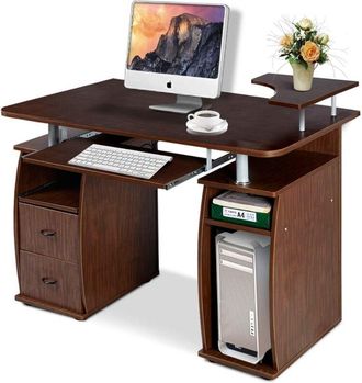 Costway Computertisch mit Tastaturauszug Druckerablage Schubladen Schreibtisch 120cm B&uuml;rotisch Braun - Costway