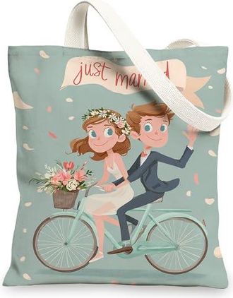 Generic Just Married Sac fourre-tout en toile réutilisable et respectueux de lenvironnement Motif dessin animé, bleu ciel, 13x15 Inch