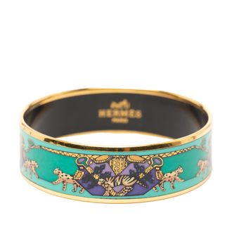 Herm&egrave;s Green Wide Snow Leopards Enamel Bangle 62