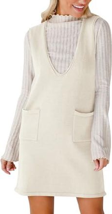 Generic Robe chandail courte en tricot sans manches avec poches et col en V pour femme, robe d&eacute;t&eacute; boh&egrave;me, robe ample pour les vacances, les essentiels de vaca