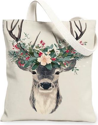 Generic Sac fourre-tout en toile &agrave; motif de cerf, sac de courses r&eacute;utilisable, sac de courses rustique, rustique chic, l&eacute;ger et lavable pour salle de sport, v