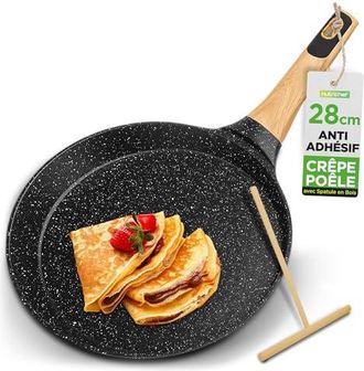 Nutrichef NutriChef Cr&ecirc;pi&egrave;re Antiadh&eacute;sive 28 cm - Po&ecirc;le &agrave; Cr&ecirc;pes Induction avec R&eacute;partiteur Bois, Rev&ecirc;tement Marbre, Manche en Bak&eacute;lite & Bois, Facile &agrave; Nettoye