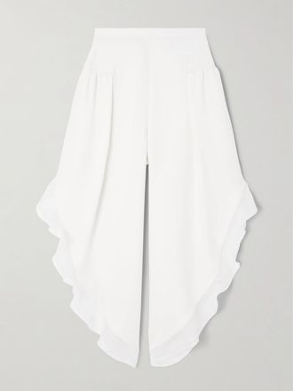 Valentino Garavani Asymmetrische Hose Aus Seiden-cr&ecirc;pe Mit Chiffonbes&auml;tzen - Wei&szlig;