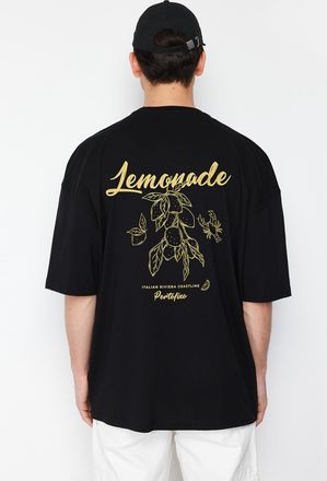 Trendyol MAN Herren Schwarz Slogan Kurz Oversize T-Shirts
