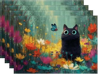 Generic Platzsets mit Katze und Schmetterling, buntes Blumendesign, f&uuml;r den Esstisch, Fr&uuml;hling, saisonal, rutschfest, waschbar, f&uuml;r drinnen und drau&szlig;en, dekor