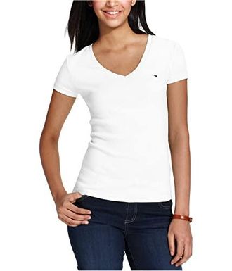 Tommy Hilfiger Short Sleeve Tops-Cotton Shirts for Women with V-Neckline and Logo Detail, White, M Femme
