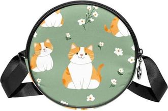 Generic Petit sac &agrave; bandouli&egrave;re rond pour femme, motif fleurs de chat, sac &agrave; dos avec fermeture &eacute;clair, bretelles r&eacute;glables, sac &agrave; main rond d&eacute;contract&eacute; pour 