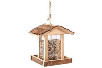 Flamingo Vogelfutterhaus - Jaro Natur - 20,5 cm - Für Körner & Erdnüsse - Kiefernholz - Abnehmbares Dach - Flamingo