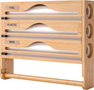 Relaxdays Wandrollenhalter 4in1, K&uuml;chenrolle, Frischhalte-, Alufolie, Butterbrotpapier, Bambus, HBT: 30x35,5x7 cm, Natur