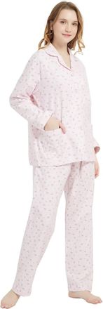 Global Schlafanz&uuml;ge Damen Flanell | Baumwolle Damen Pyjama Set | Zweiteiliger Nachtw&auml;sche Damen Pjs Set Lang | Knopfleiste vorne und Kordelzug |Rosa s&uuml;&szlig;e Blu