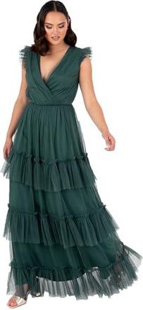 Anaya with Love Womens Maxi Dress Ladies Short Sleeve V-Neck Wrap Tiered Ruffle Tulle A-Line Wedding Guest Bridesmaid Prom Ball Gown, Emerald Green, 48
