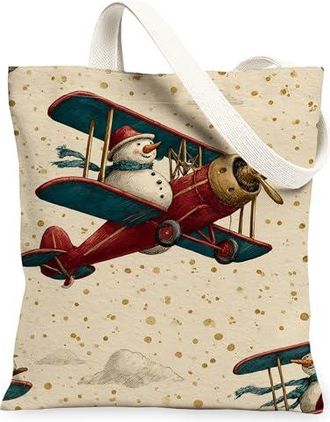 Generic Sacs fourre-tout en toile motif bonhomme de neige, sacs de courses r&eacute;utilisables, vintage, festif, l&eacute;ger, lavable, taille S, beige, 13x15 Inch