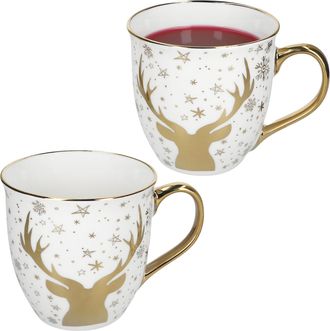 MamboCat 2er Set Jumbobecher mit Goldrand Hirsch I 450 ml I Porzellan Tassen wei&szlig; & gold I Winterliches Becher-Set f&uuml;r 2 Personen I f&uuml;r Kaffee, Tee, Gl&uuml;hwein &