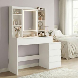 Vasagle Coiffeuse, avec Grand Miroir LED &agrave; Luminosit&eacute; R&eacute;glable, Multiprise, 40 x 105 x 145 cm, Blanc