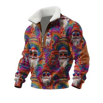 Generic Sweat de Noël pour homme avec fermeture éclair 1/4 - Haut amusant de Père Noël - Grande taille - Pull à manches longues en peluche - Col montant - Cos