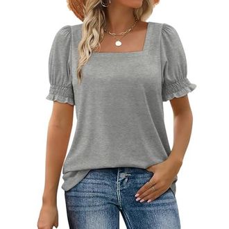 Generic T-shirt d&eacute;contract&eacute; &agrave; col carr&eacute; et manches smock&eacute;es pour femme, haut habill&eacute; et d&eacute;contract&eacute; &agrave; manches volant&eacute;es, gris, XXL