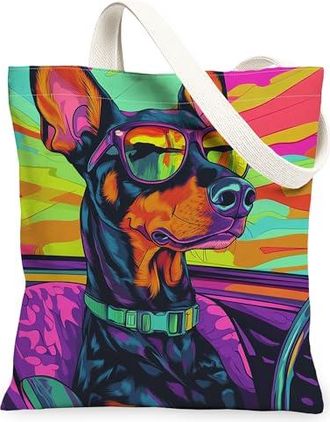 Generic Doberman Sac fourre-tout en toile r&eacute;utilisable pour faire du shopping 33 x 38,1 cm, motif chiot pop esth&eacute;tique, funky chiot pour femme, animal domesti